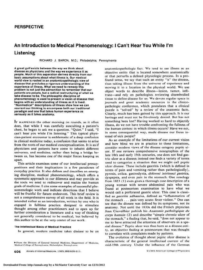 Richard Baron, An Introduction to Medical Phenomenology, Ann Int Med ...