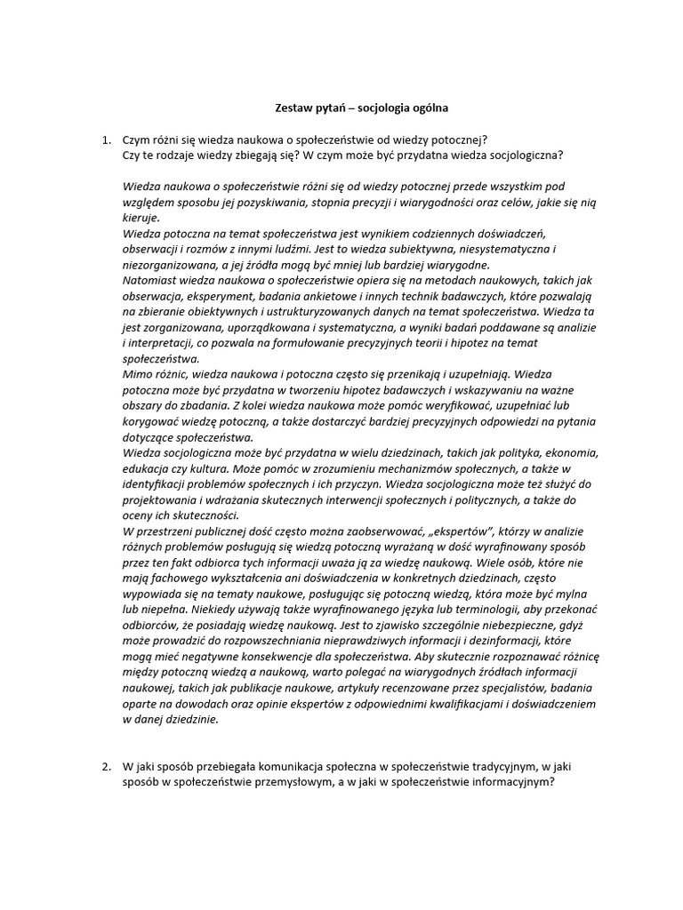 Socjologia Ogólna - Pytania-Zagadnienia | PDF