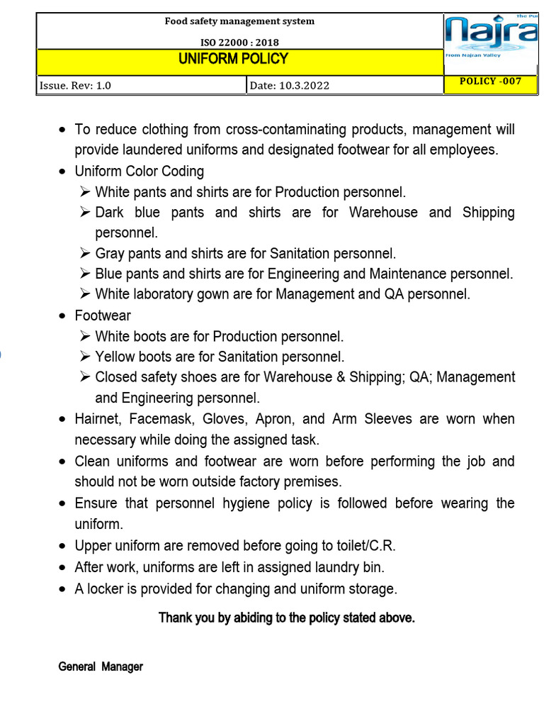 POL-007 Uniform Policy | PDF