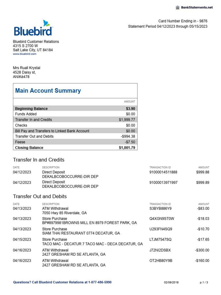 Bluebird Bank Statement | PDF