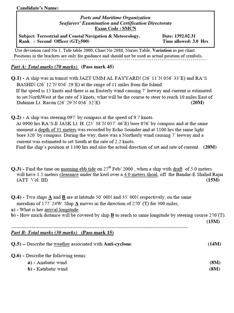 Exam Code: SMCN Subject: Terrestrial and Coastal Navigation ...