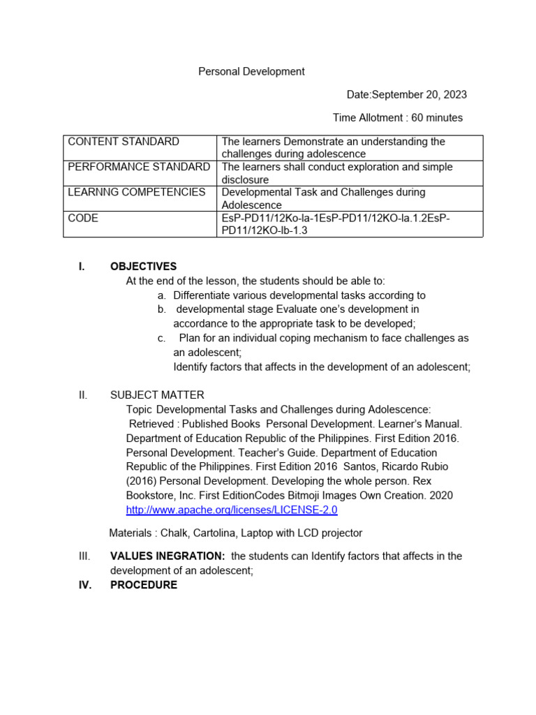 Personal Development DLL Lesson 4 | PDF | Adolescence | Learning