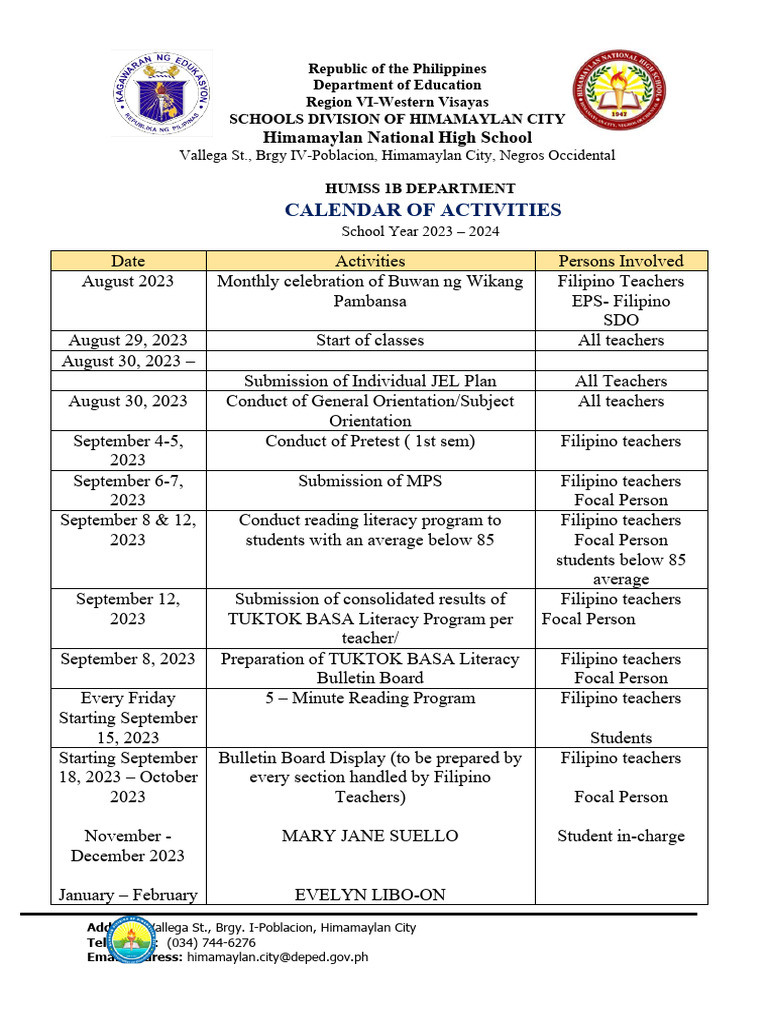 HUMSS 1B Activity Calendar 2023-2024 | PDF