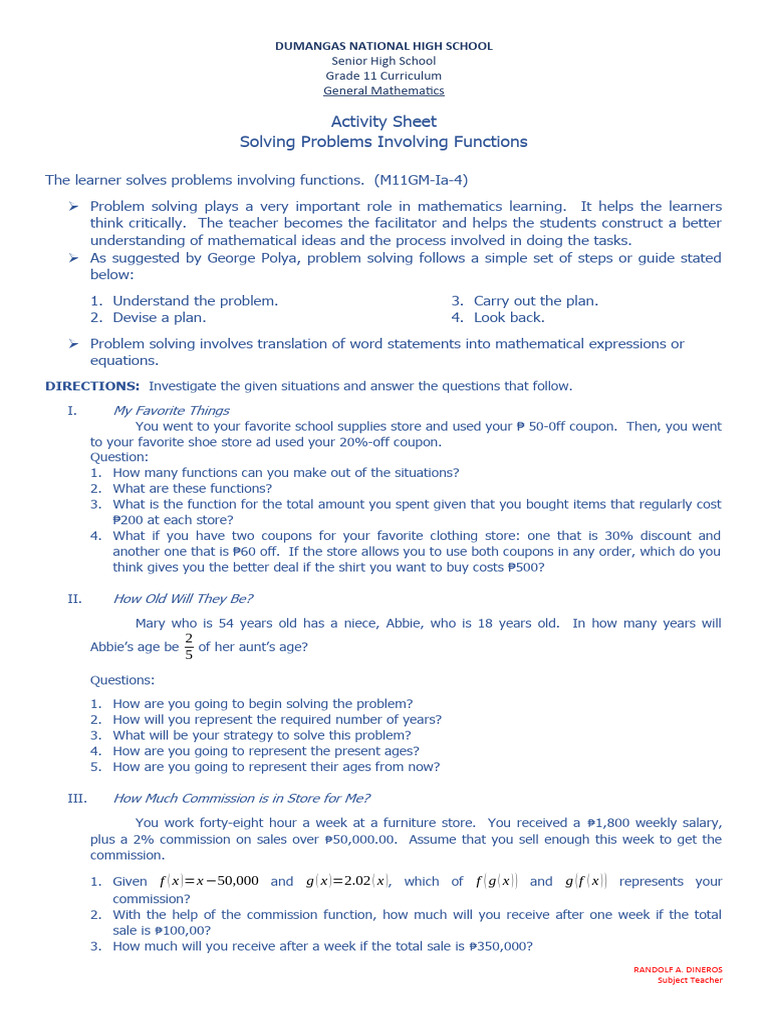 Activity Sheet-Operations On Functions (Problems) | PDF