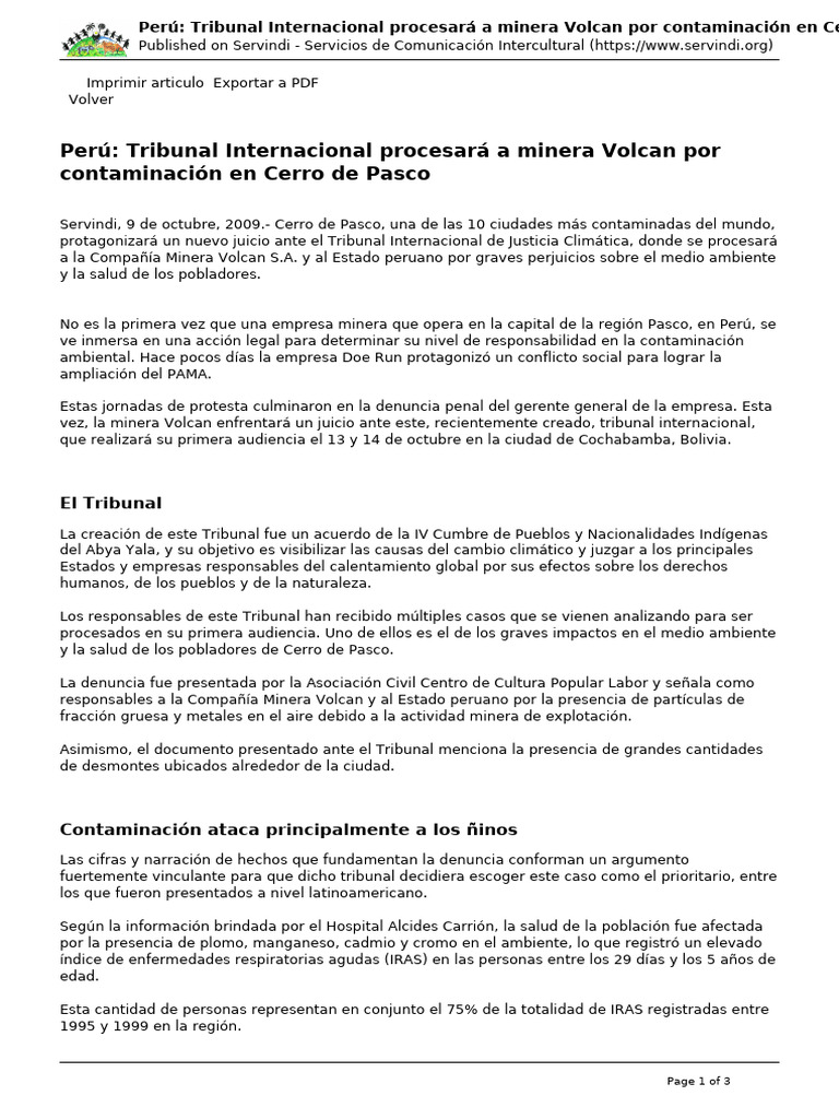 Perú: Tribunal Internacional Procesará A Minera Volcan Por ...