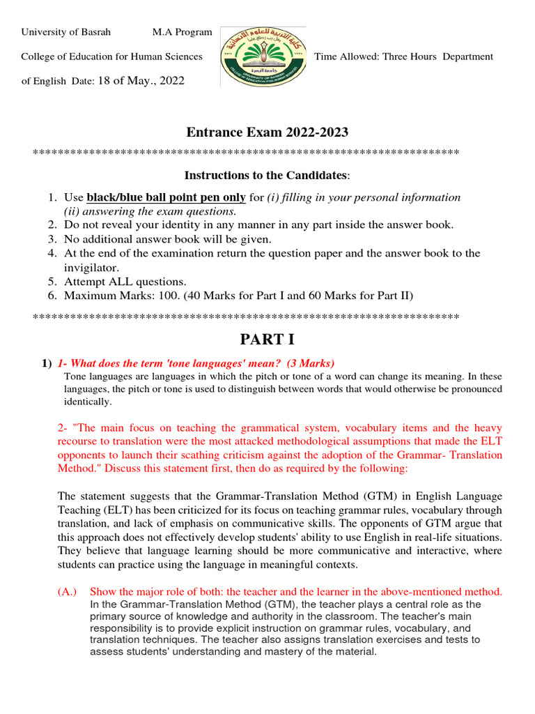 Entrance Exam 2022-2023 | PDF | Foreign Language Studies