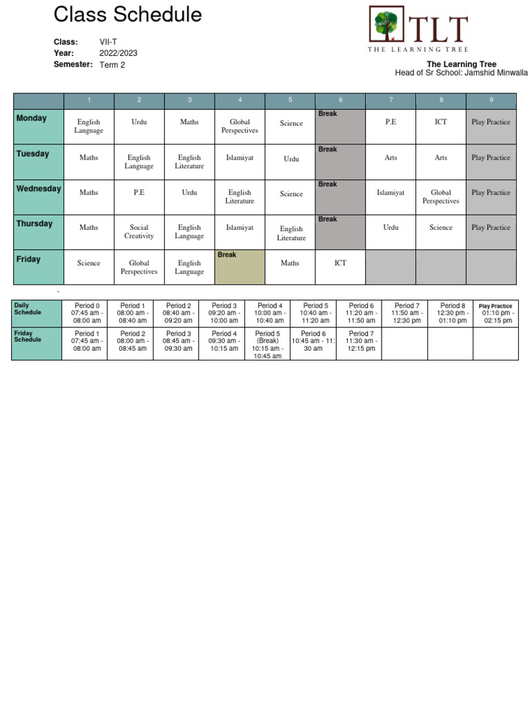 Grade 7T Timetable Effective From 11th January | PDF