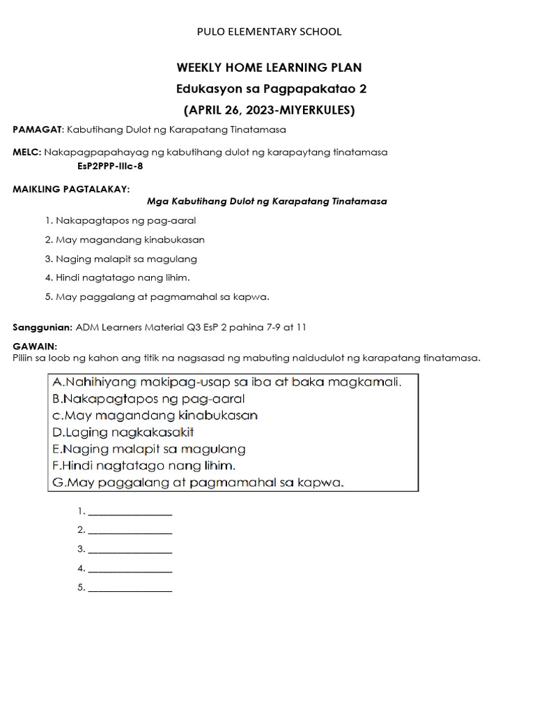 WHLP Esp 2 Week 11 Wed | PDF