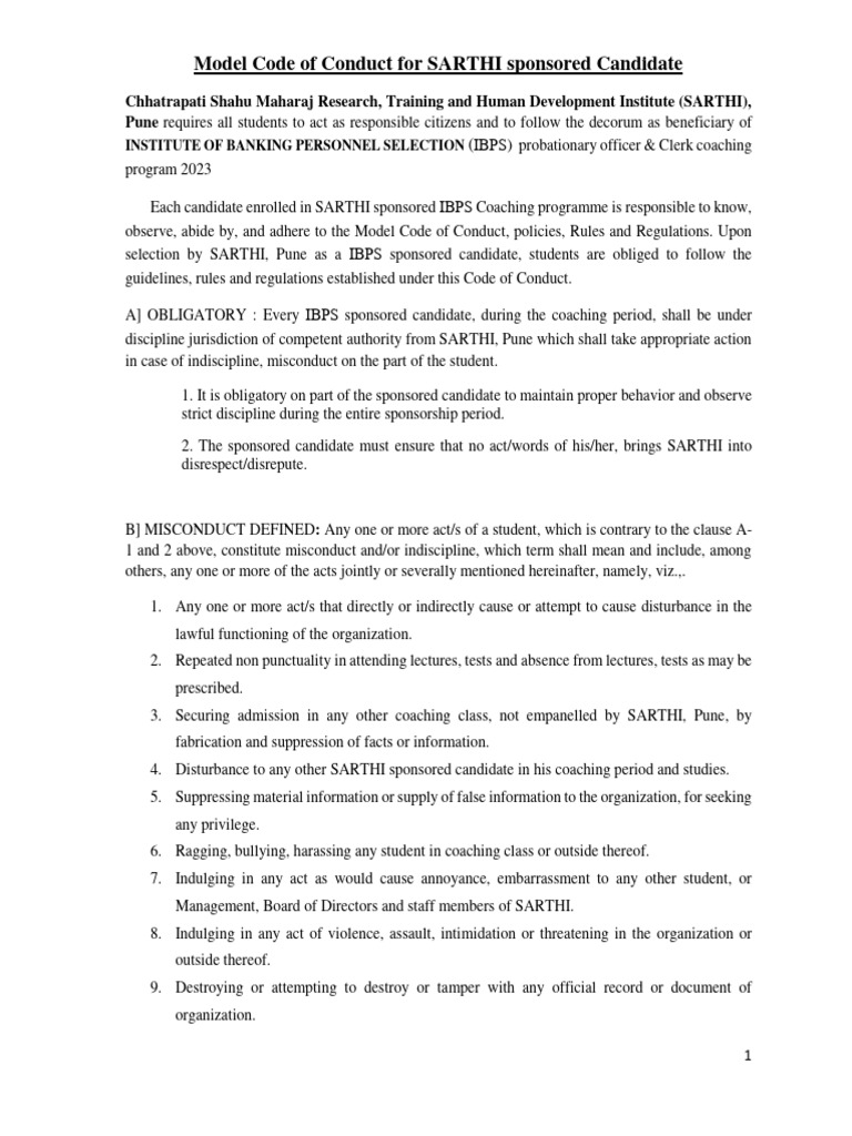IBPS .Model Code of Conduct For SARTHI Sponsored Candidate | PDF ...