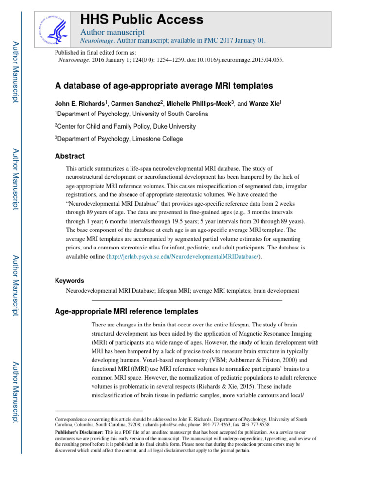 A Database of Age-Appropriate Average MRI Templates (2016) | PDF