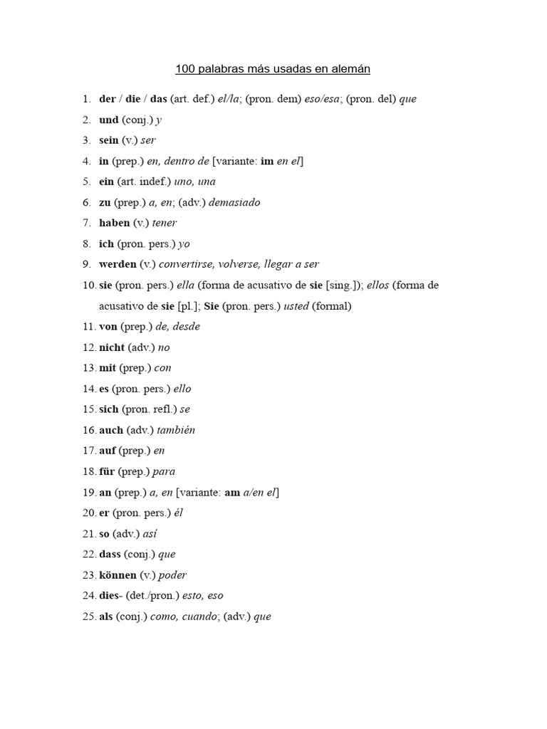 100 palabras más usadas en alemán | PDF | Morfología Lingüística