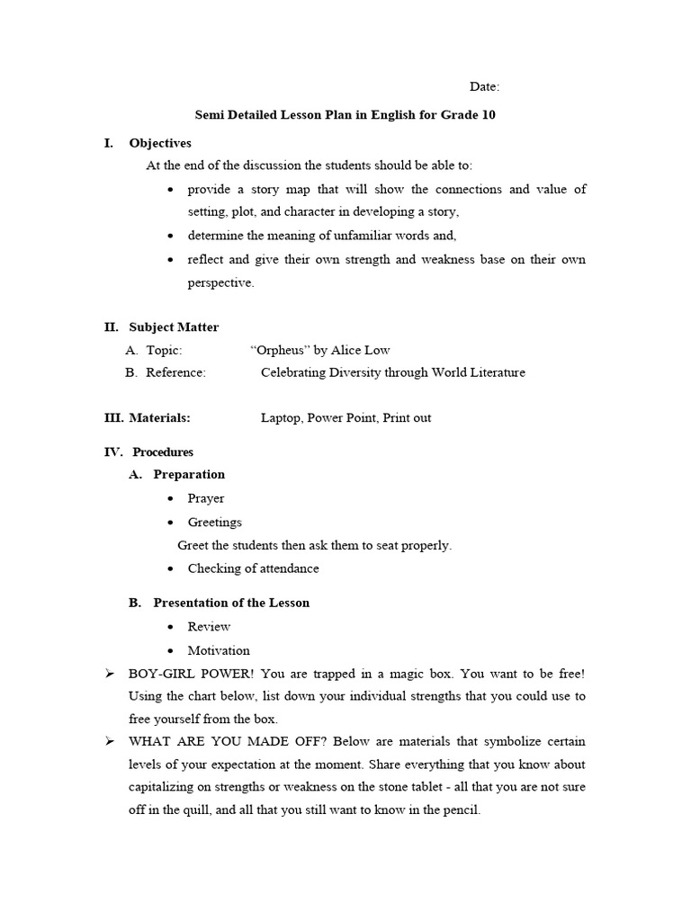 Orpheus Semi Detailed Lesson Plan | PDF | Language Arts & Discipline
