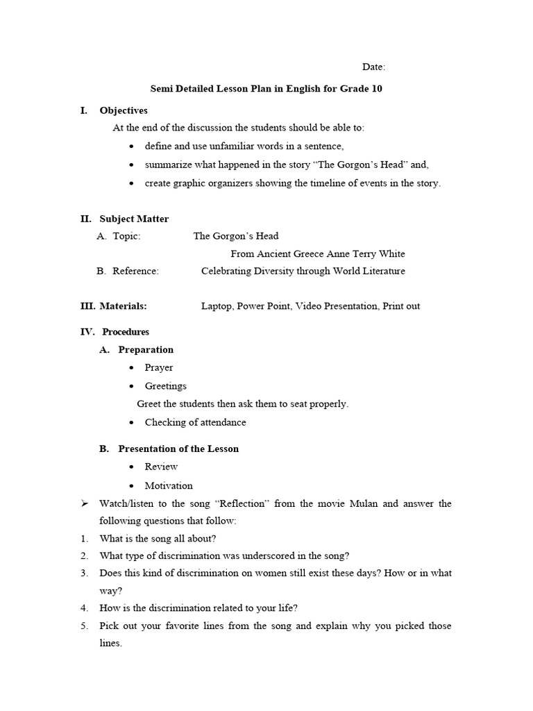 Grade 10 Lesson Plan: The Gorgon’s Head | PDF