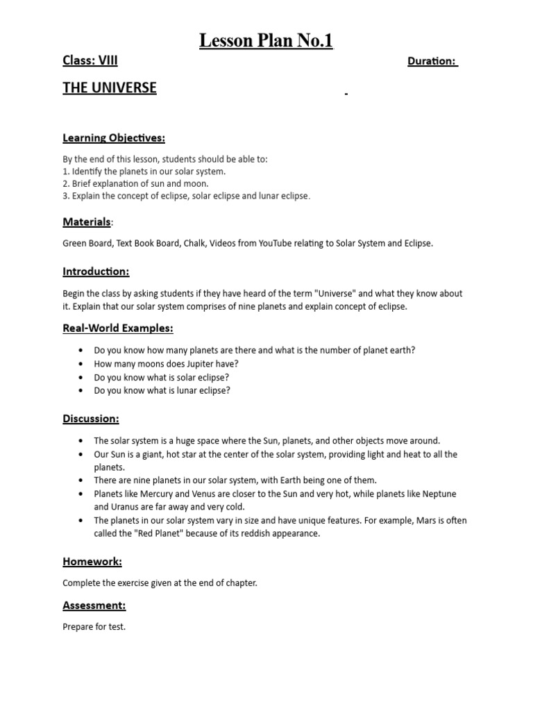 Lesson Plan 1 Class 8 | PDF