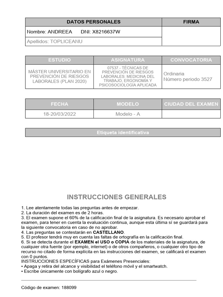 Examen Tecnicas Unir 07537. - TÉCNICAS DE PREVENCIÓN DE RIESGOS ...