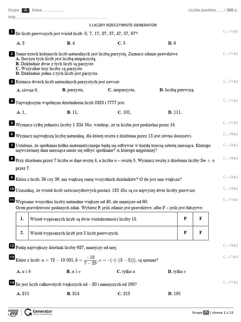 1 LICZBY RZECZYWISTE GENERATOR Test (Z Widoczną Punktacją) | PDF