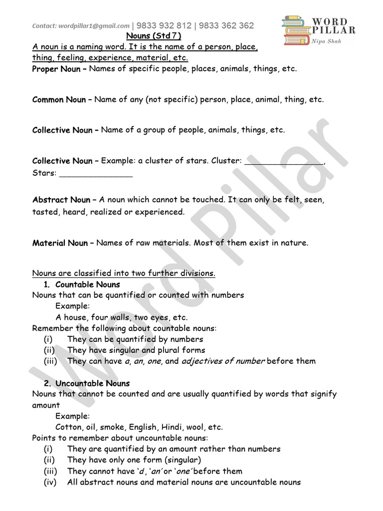 Nouns Grade 7 8th April 2023 | PDF | Noun | Grammatical Number