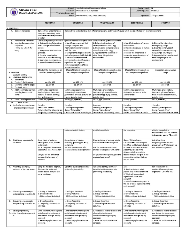 DLL Quarter 2 Week 9 SCIENCE 4 | Download Free PDF | Ecosystem ...