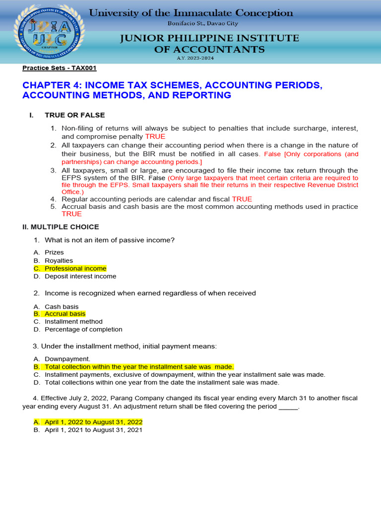 Answer Key - Income Tax Peer Tutoring Quiz (Chapter 4) | PDF | Gross ...