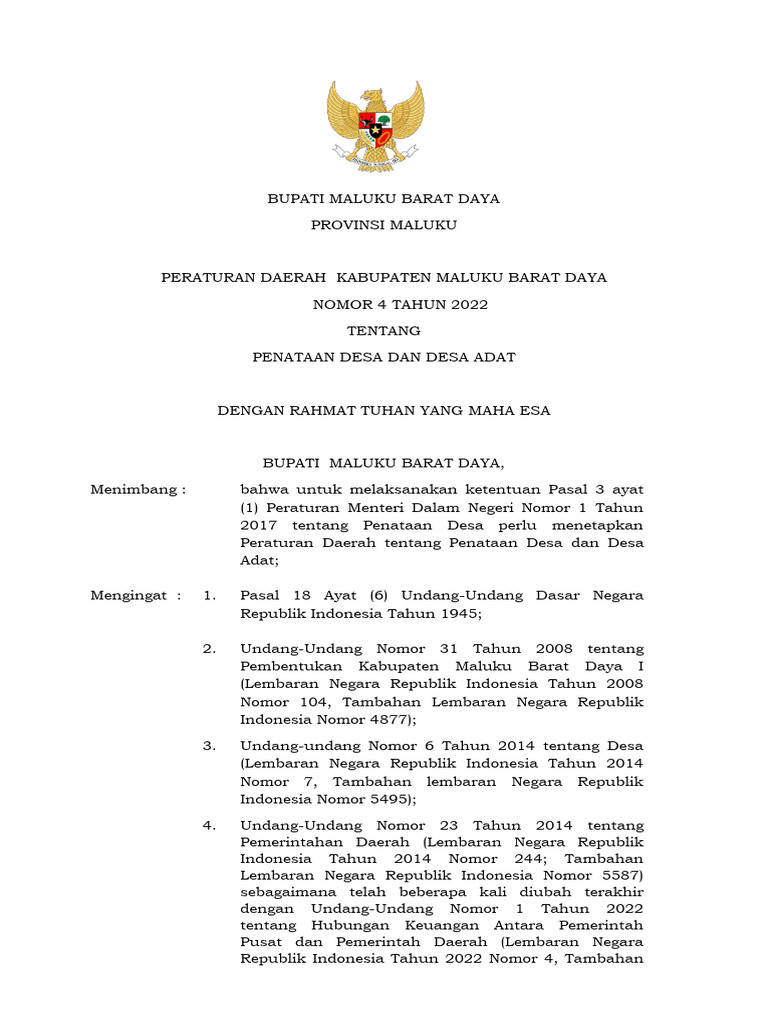 Perda MBD No. 4 Tahun 2022 - Penataan Desa Dan Desa Adat | PDF | Griya ...