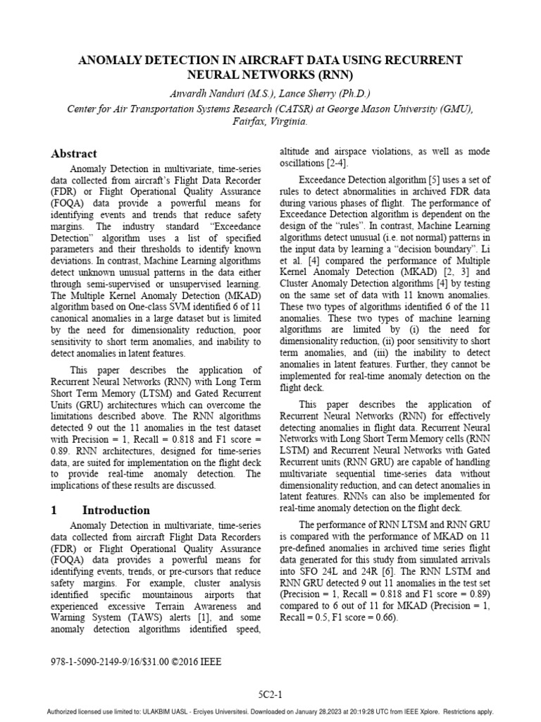 Anomaly Detection in Aircraft Data Using Recurrent Neural Networks RNN | PDF