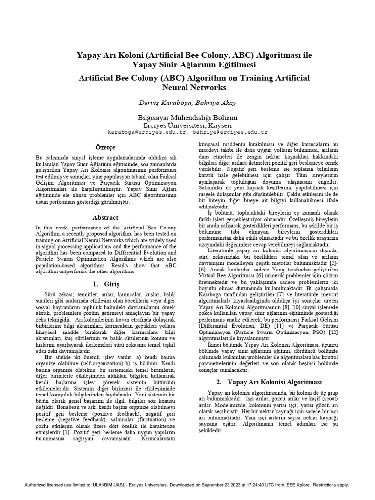 Artificial Bee Colony ABC Algorithm On Training Artificial Neural Networks | PDF