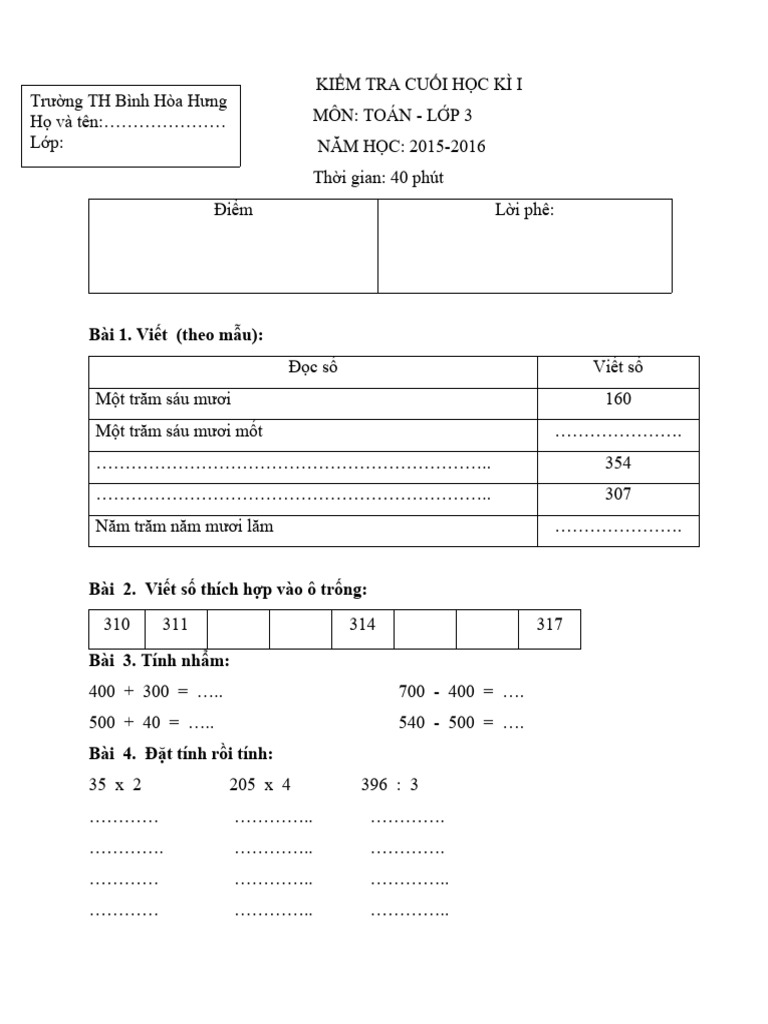 De Kiem Tra Cuoi Hoc Ki 1 Mon Toan Lop 3 Nam 2015 2016 Truong Tieu Hoc Binh Hoa Hung | PDF