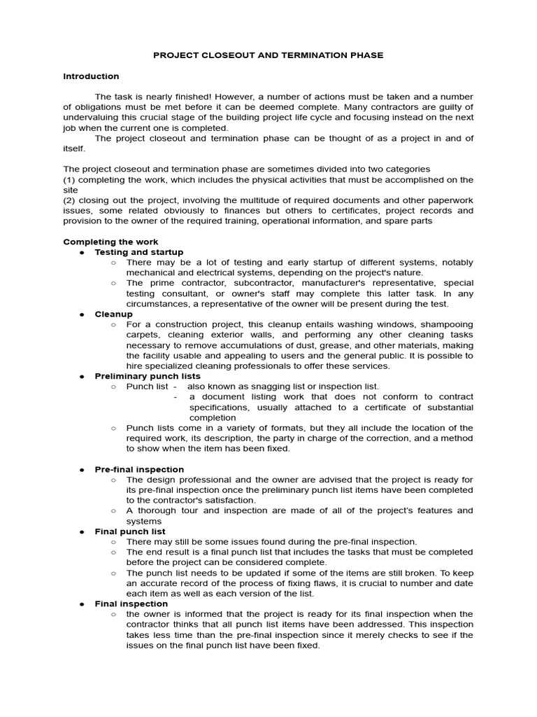 PROJECT CLOSEOUT AND TERMINATION PHASE | PDF