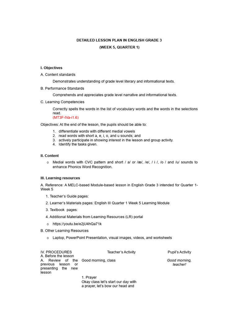 A Detailed Lesson PLAN IN English 3 1ST Quarter | PDF