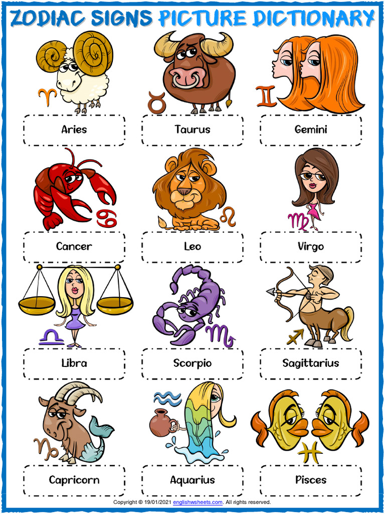 Zodiac Signs Vocabulary Esl Picture Dictionary Worksheet For Kids | PDF