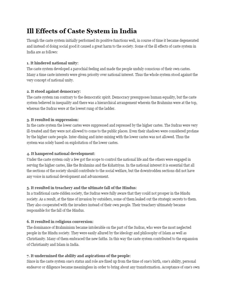 Effects of Caste System in India | PDF | Caste