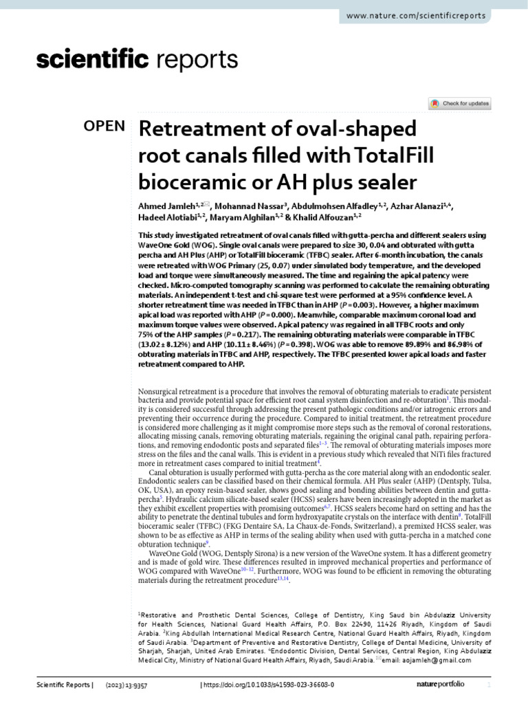 Retreatment of Oval Shaped Root Canals Filled With Totalfill Bioceramic ...
