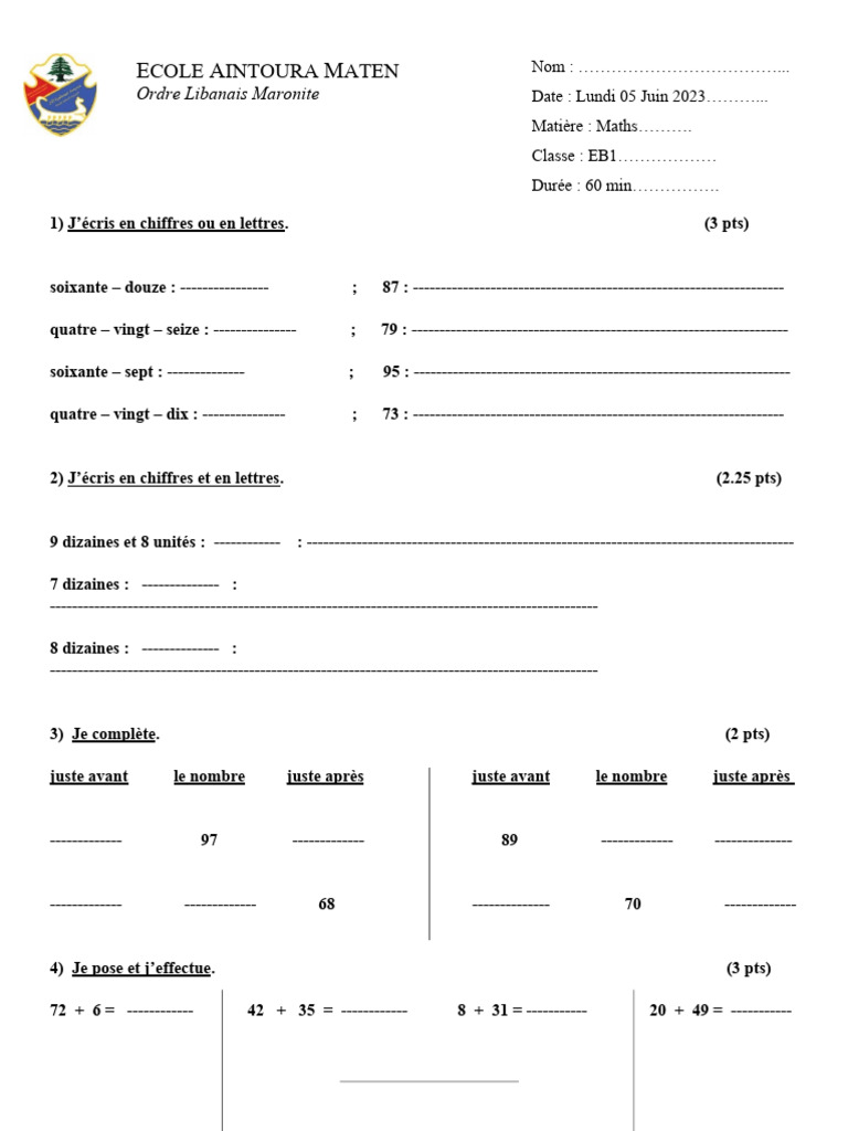 EB1 Examen 2 Maths | PDF