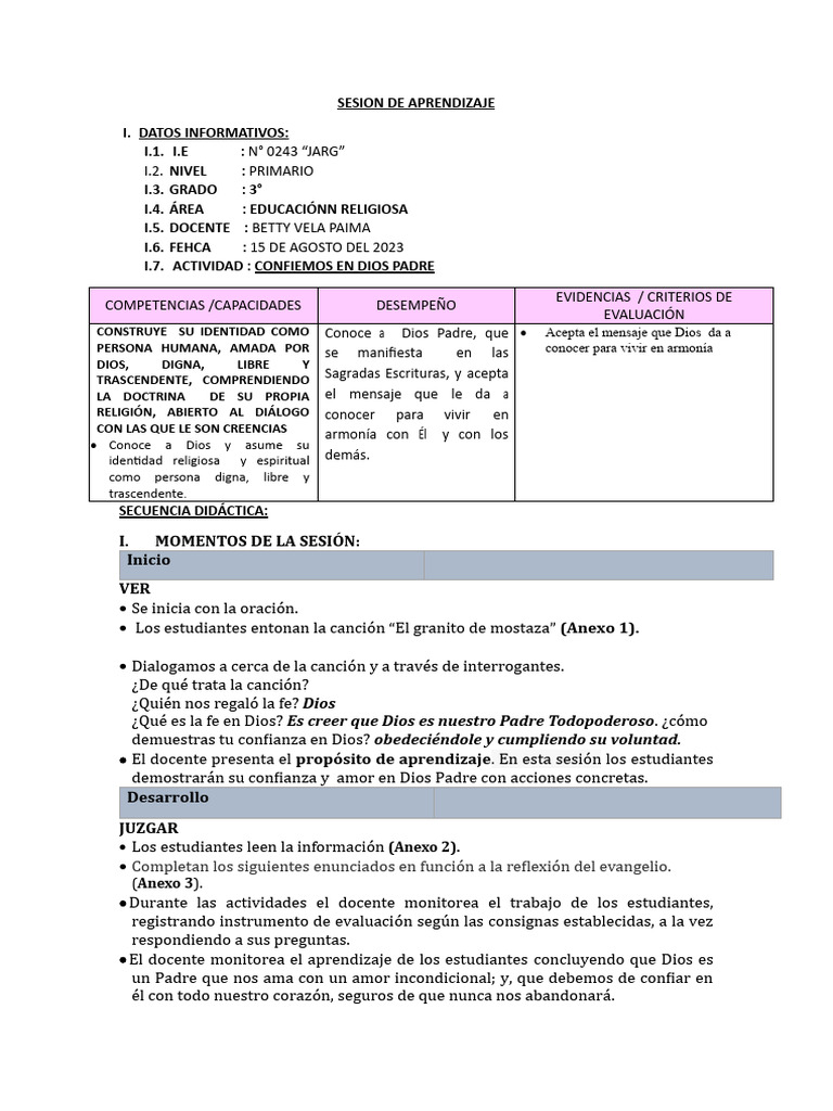 Sesion de Aprendizaje Religion Confiemos en Dios Padre | PDF Sesion de Aprendizaje Religion Confiemos en Dios Padre | PDF