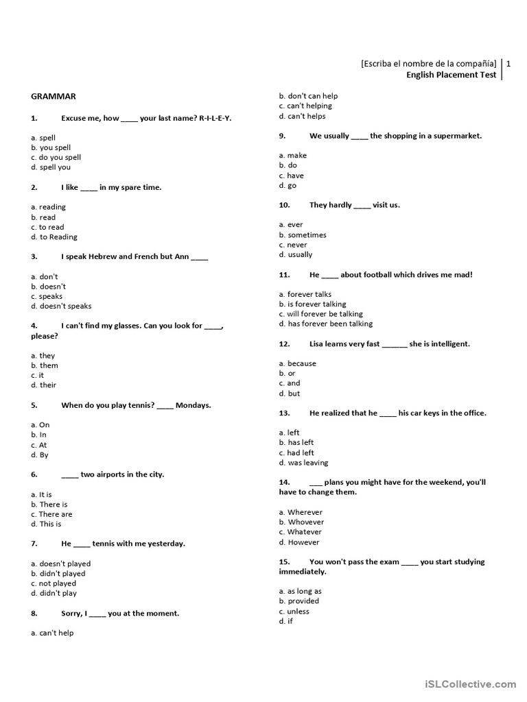 Placement Test A1 - C1 | PDF