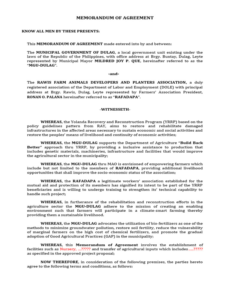 MOA For YRRP FA Beneficiaries | PDF