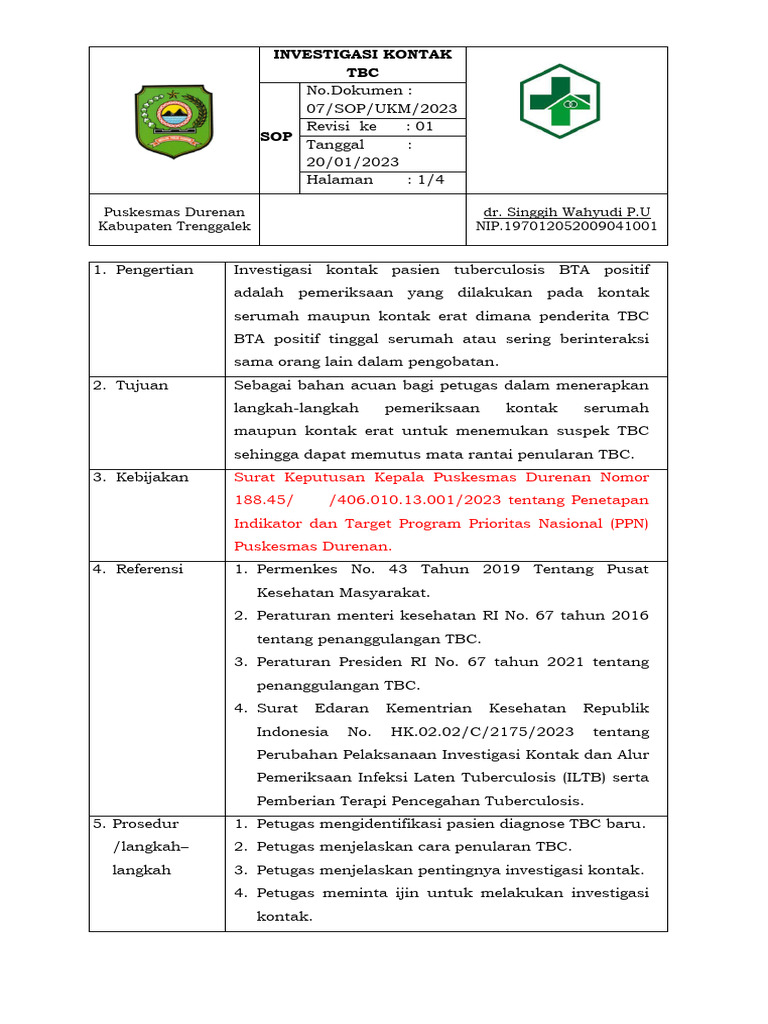 SOP INVESTIGASI KONTAK TBC | PDF