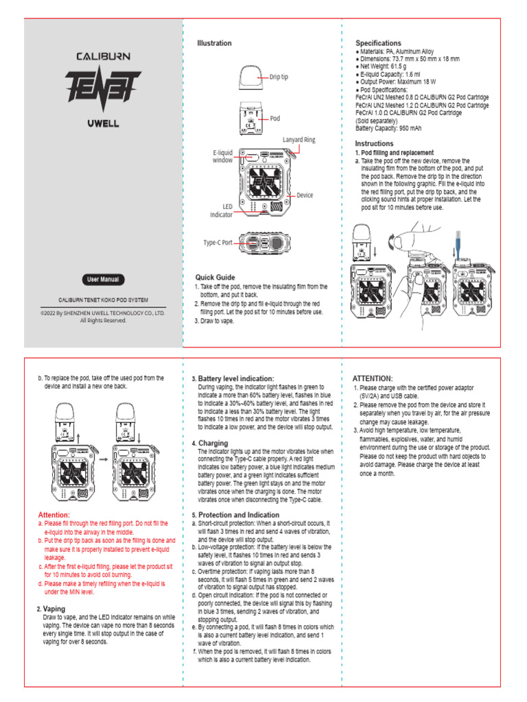 Caliburn Tenet Koko Pod System User Manual | PDF | Light | Electrical ...