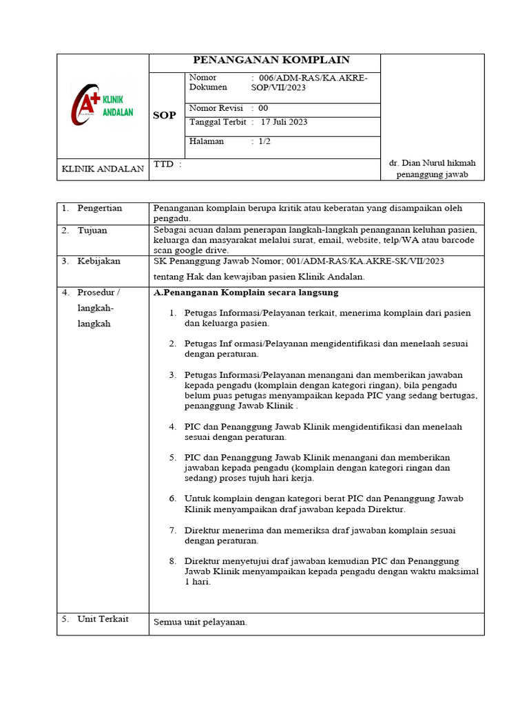 Sop Penanganan Komplain | PDF