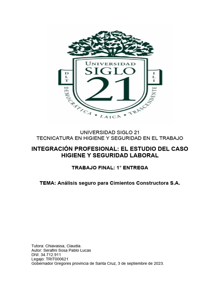 Entrega Final TP 1. Integracion Profesional El Estudio Del Caso Higiene y Seguridad Laboral ...