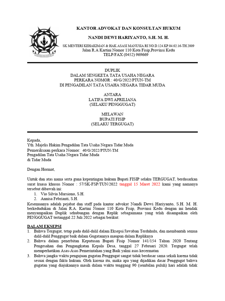 Contoh Duplik Tun | PDF | Pengelolaan Keuangan & Uang