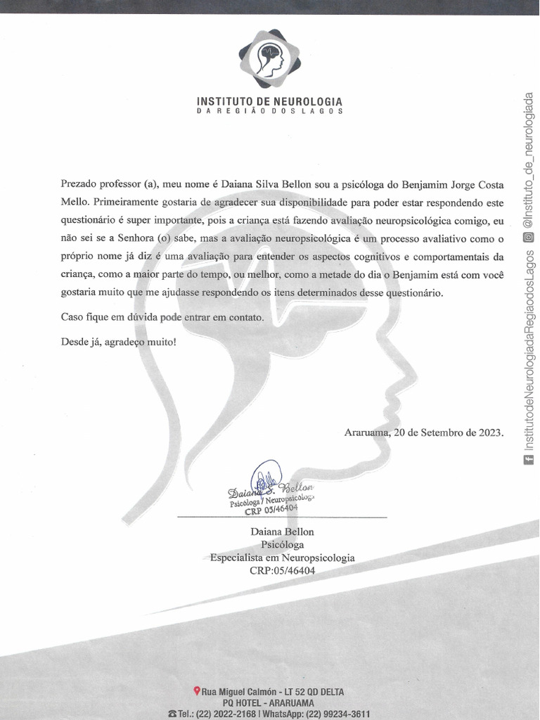 Questionario TDAH Escola Joao Rocha - Benjamim | PDF