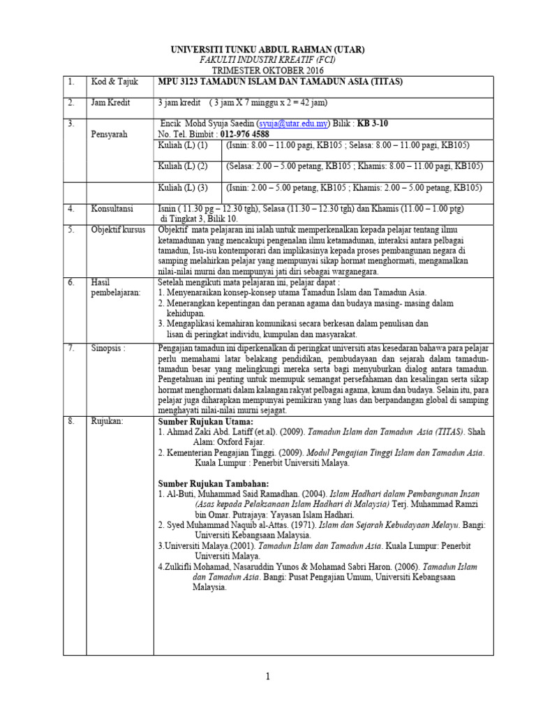 Rangka Kursus Oktober 2016 | PDF