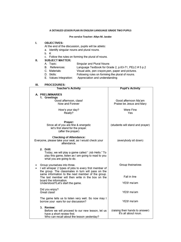 Detailed Lesson Plan In English Singular And Plural Nouns Pdf