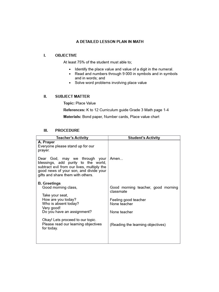 Detailed Lesson Plan in Math About Place Value | PDF | Teachers ...