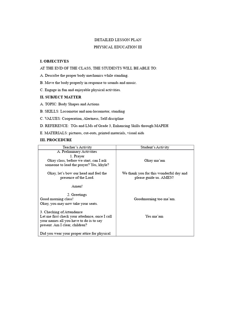 Grade 3 PE Lesson Plan: Body Shapes | PDF