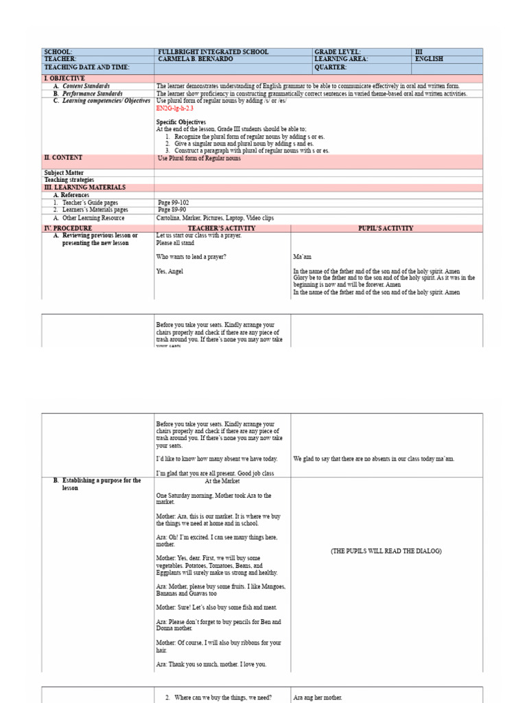 Detailed Lesson Plan in FS1 | PDF | Plural | Grammatical Number