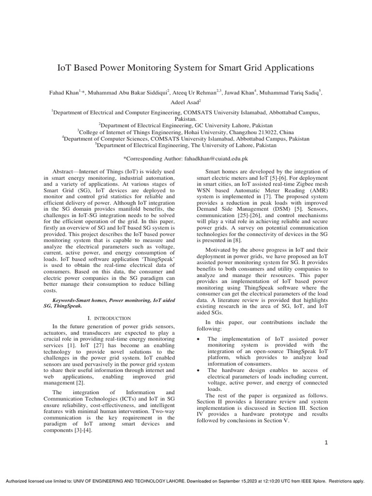 IoT Based Power Monitoring System for Smart Grid Applications | PDF | Internet Of Things | Smart ...