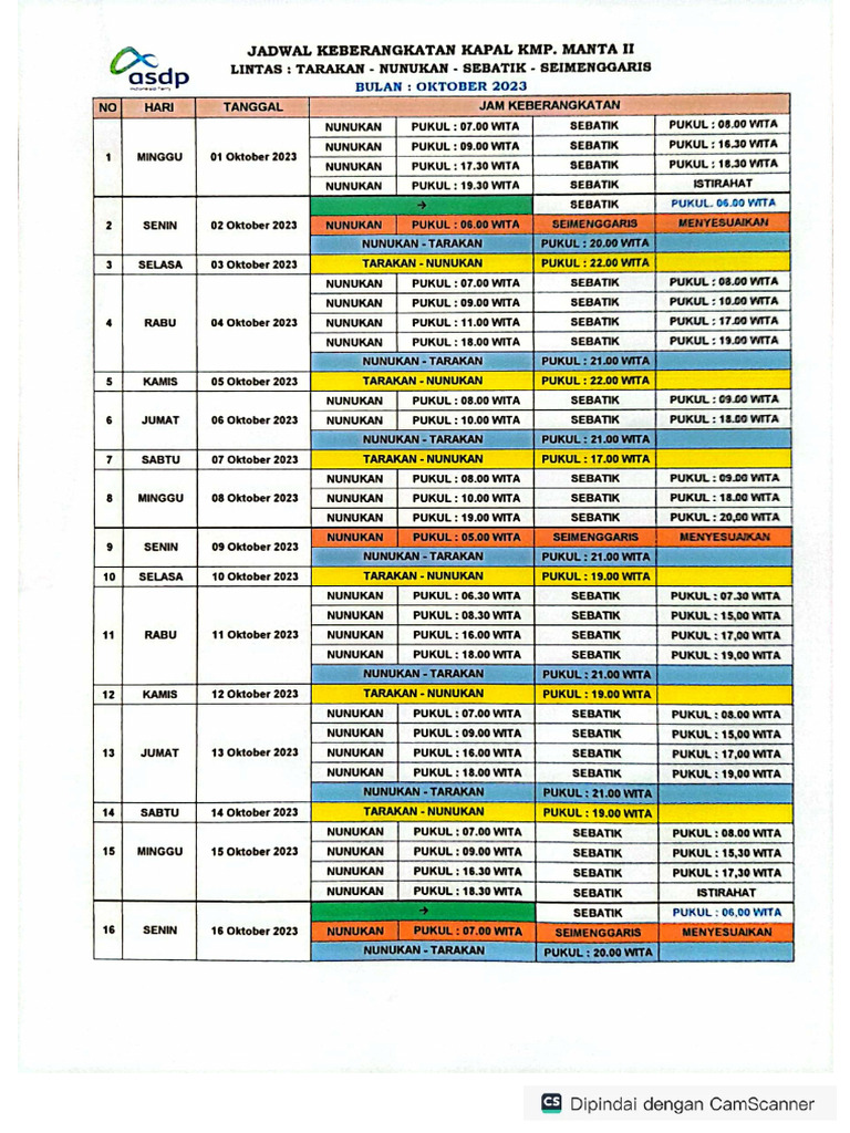 Jadwal Tarakan - Nunukan - Sebatik - Seimenggaris. Kmp. Manta II. Oktober 2023 | PDF