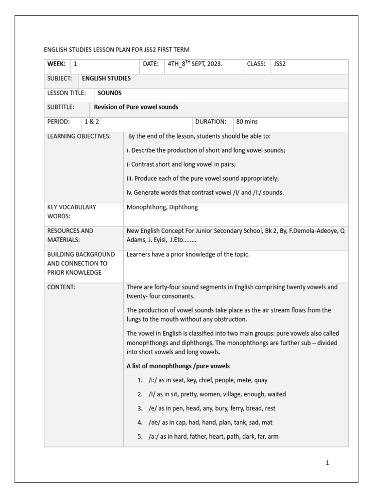 JSS2 First Term English Lesson Plan | PDF | Noun | Subject (Grammar)